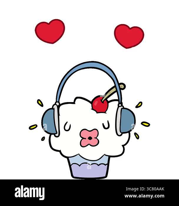 A simple looping animated funny cartoon cupcake listening to music ...