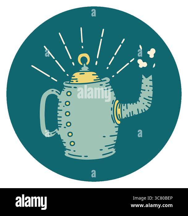 A simple looping animated icon of a tattoo style old coffee pot ...