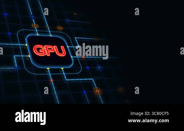 Red 3d GPU in a rounded rectangle with glowing circuit, line ...
