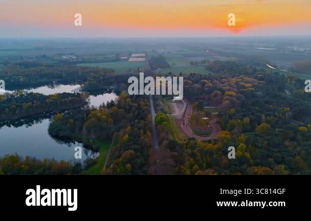 Netherlands sunset aerial view. Vibrant sunset over Dutch landscapes ...