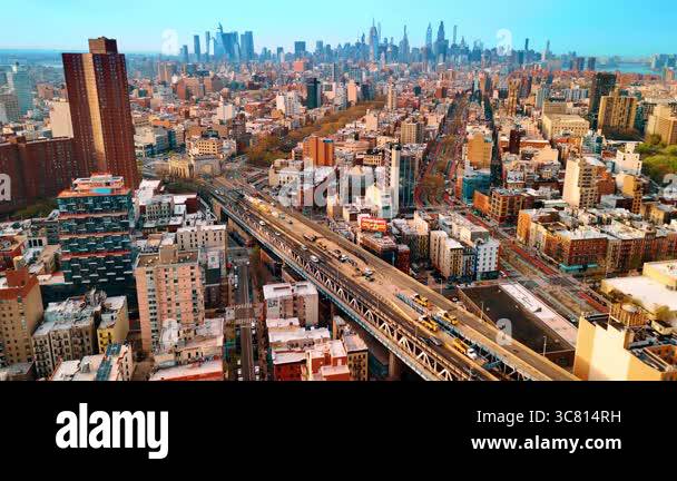 Transport moves by the freeway in the cityscape of New York. Skyline of ...