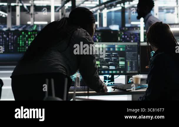 Data center teamworking colleagues use node tree program to identify ...