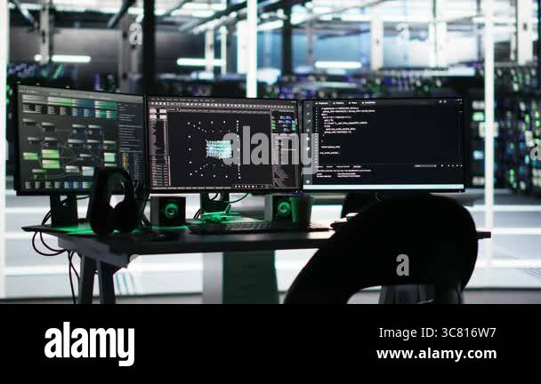 Monitors in data center displaying node tree programming optimizing infrastructure health ...