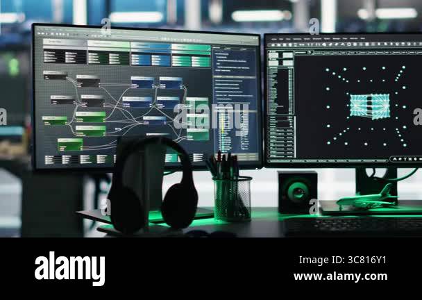 Monitors in data center displaying node tree interfaces monitoring infrastructure health. Visual ...