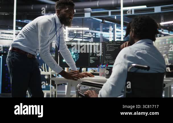 Server farm supervisor and man with disability adjust system settings based on AI analytics ...