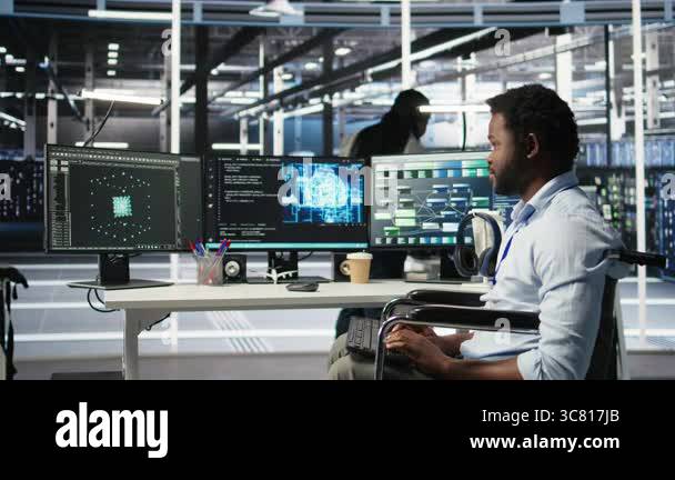 Stressed engineer with paraplegia in data center panicked by AI node tree software critical ...