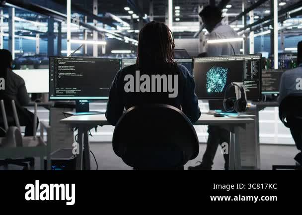 Stressed server hub admin worried by malfunctioning data analytics AI generator. Anxious data ...