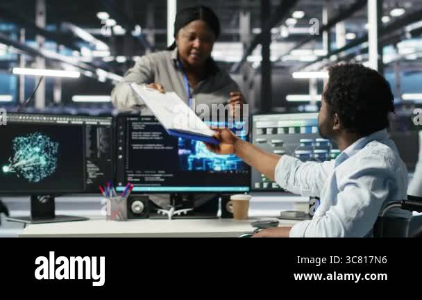 Server hub admin with paraplegia receiving paperwork documents from colleague, using AI node ...