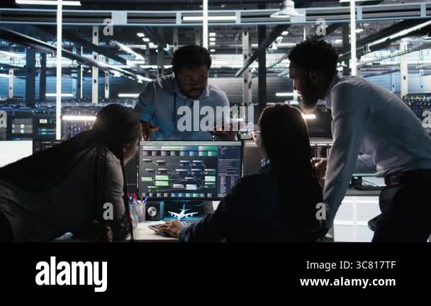 Data center coworkers doing brainstorming, using node tree software to analyze datasets. Server ...