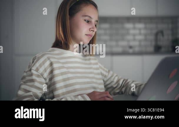 Cute Happy Little Girl Browsing The Internet And Social Media On A ...
