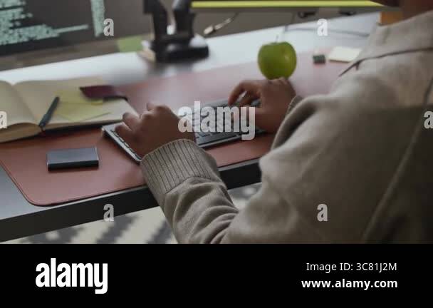 Rear view zoom out shot of focused young African American female ...