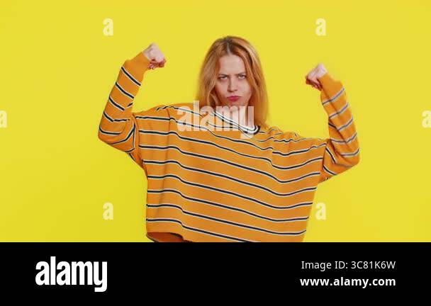 I am strong and independent. Happy smiling Caucasian woman showing ...