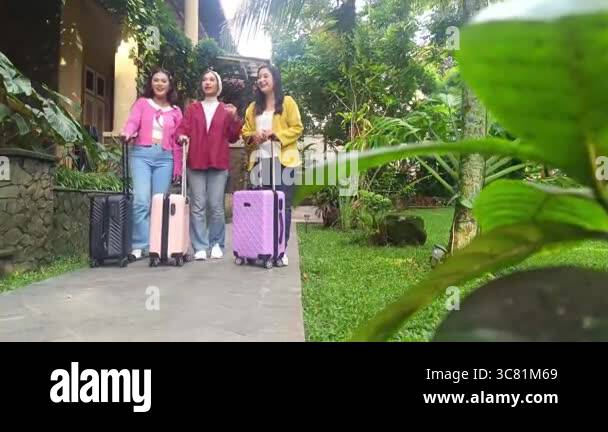 Three excited women arrive at a tropical resort. They pull their ...