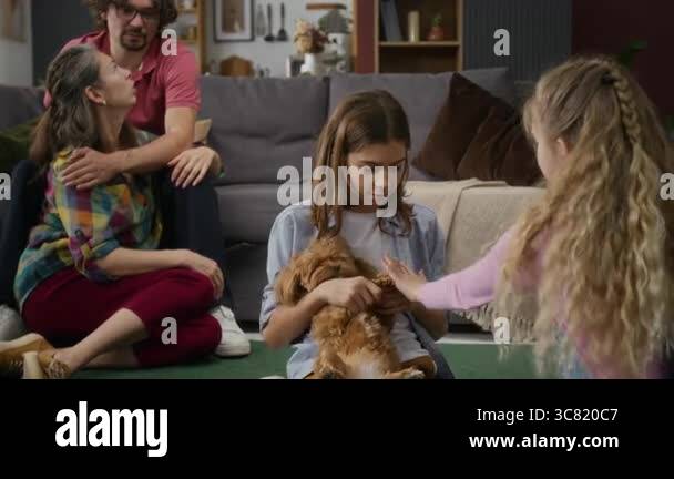 Medium full shot of happy Caucasian family relaxing together at home ...