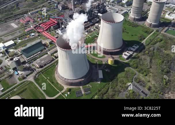 Heavy Industrial Power Plant with Cooling Towers and Steam Emission ...