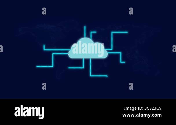 Cyber style animation with a cloud icon connected to multiple shield ...