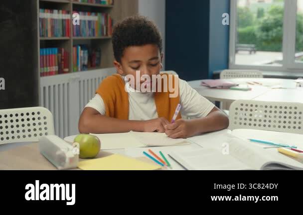 African American sad little boy displeased kid schoolboy child student ...