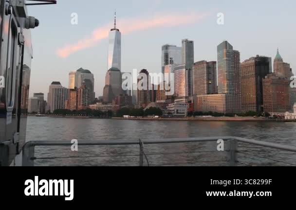 New York City skyline from ferry boat to Staten Island. Manhattan ...