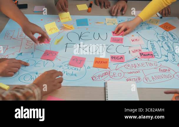 A vibrant scene depicting a collaborative brainstorming session for a ...