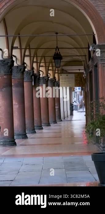 Portico columns on Piazza Santo Stefano in Bologna old town, Emilia ...