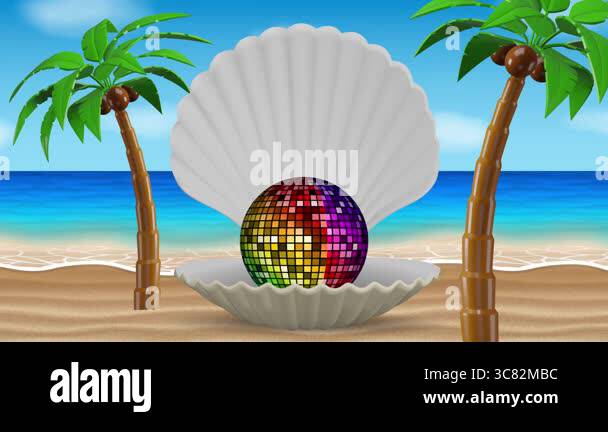 summer beach party animation with disco ball in a seashell on beach ...