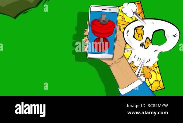 Cartoon Smartphone, comic book Telephone with Dumbbell. Retro animation ...