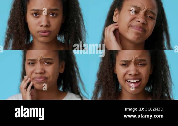 A teenage girl displays various emotions against a bright blue ...