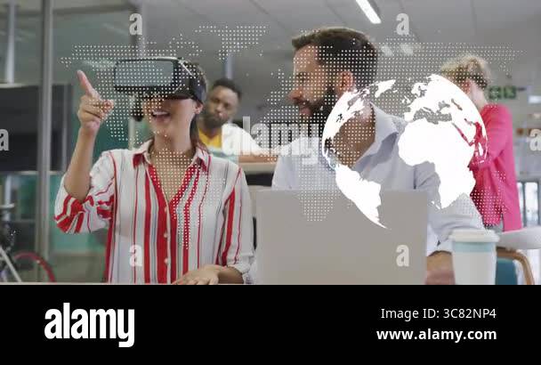 People interacting with digital world map animation over office ...