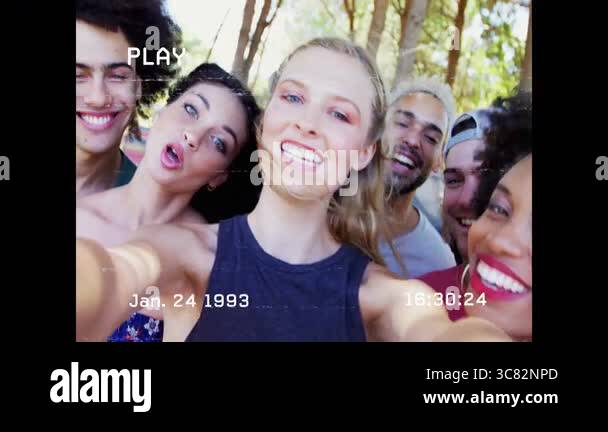 Taking selfie outdoors, group of friends with vintage video animation ...