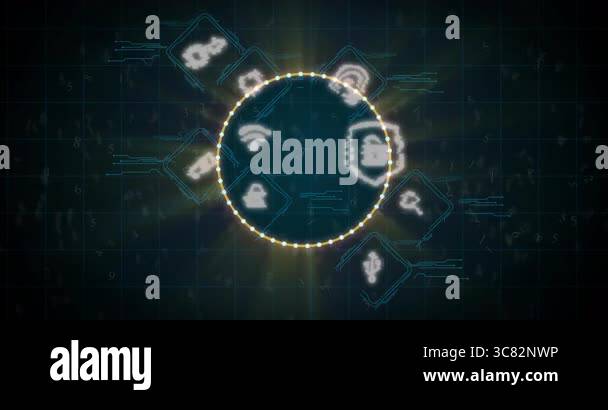 Animation of glowing circle with digital security icons on dark grid ...