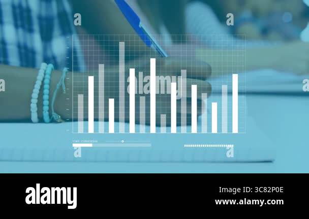 Bar graph animation over person writing in notebook with pen. Analytics ...