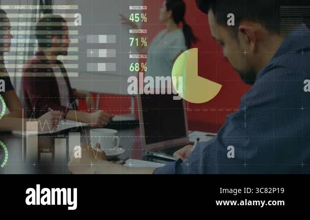 Business meeting with data analytics animation overlaying diverse team ...