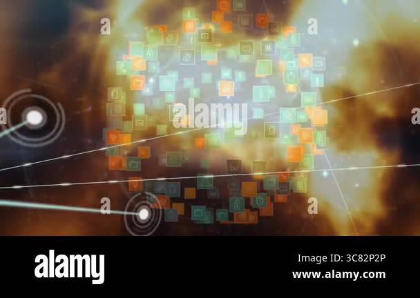 Processing data and connections in colorful digital network animation ...