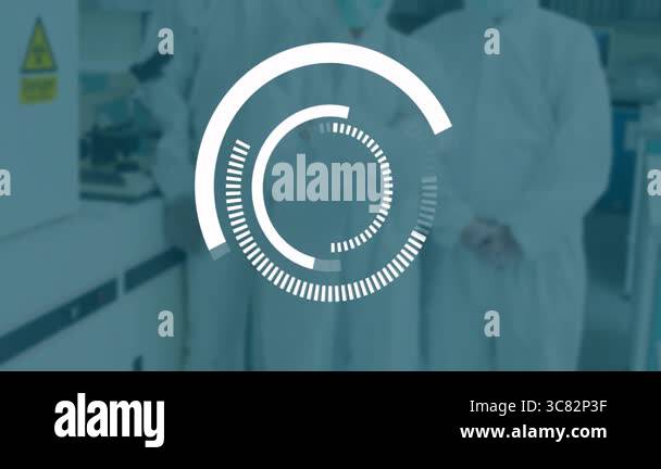 In laboratory, scientists in protective suits analyzing data with ...