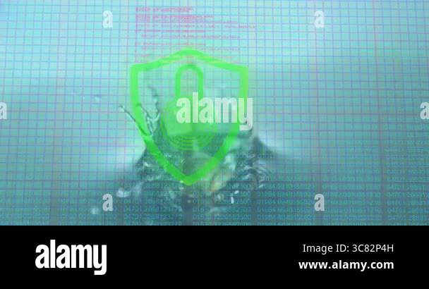 Red fingerprint shield with animation over digital security data and ...
