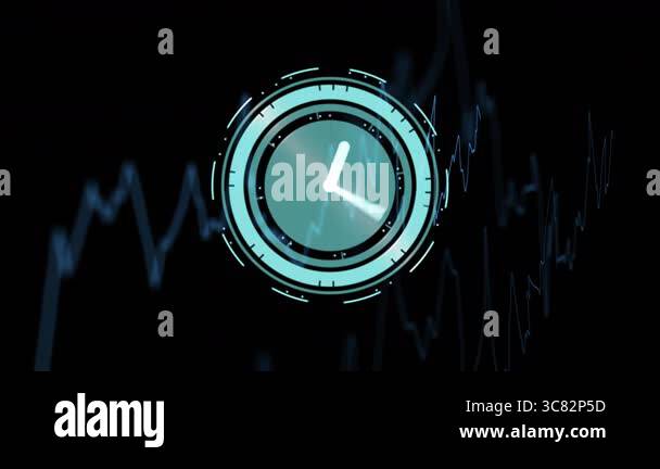Futuristic clock animation over fluctuating line graph on dark background. technology, finance ...