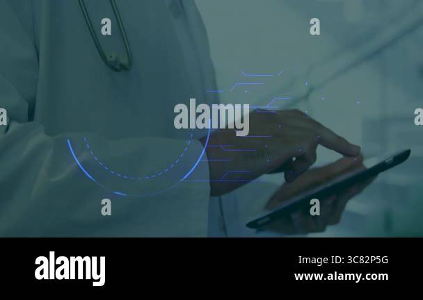 Doctor with stethoscope and digital security lock animation over ...