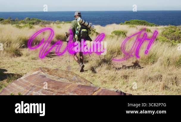 Walking with backpack, hiker exploring coastal trail with animation ...