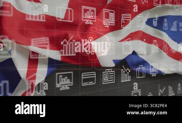 British flag with animation of financial icons overlaying digital ...