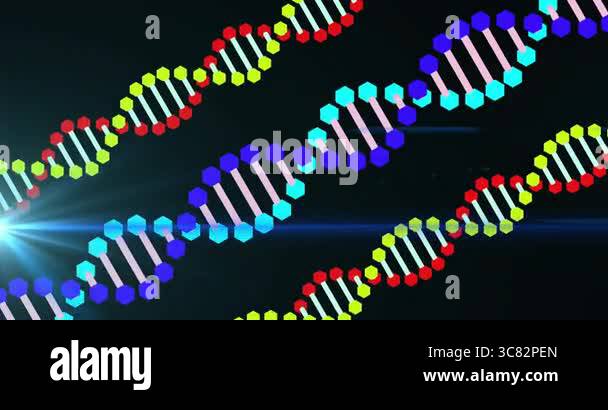 Animation of colorful DNA strands with hexagonal patterns on dark ...