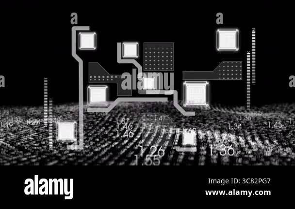 Animation of circuit board design overlaying digital binary code on ...
