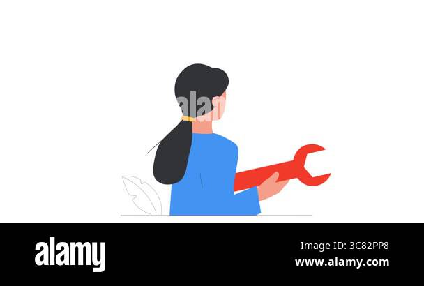 Solving problems. Moving banner with woman performing website maintenance with wrench ...