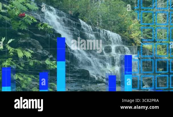 Flowing waterfall over rocks with digital animation overlay in forest ...