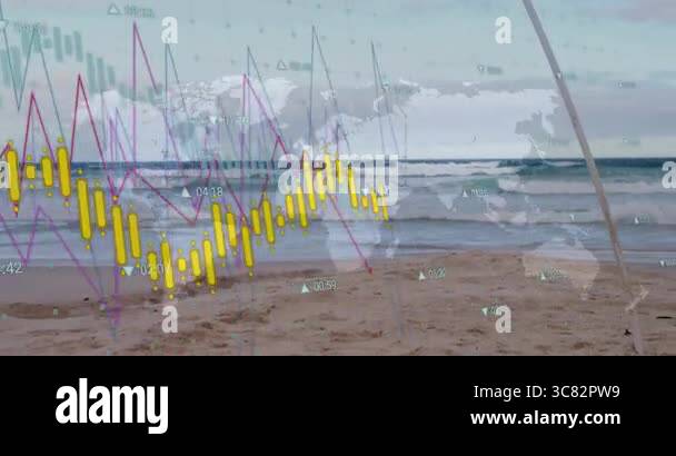 Graphs and world map animation over beach scene with ocean waves. Data ...