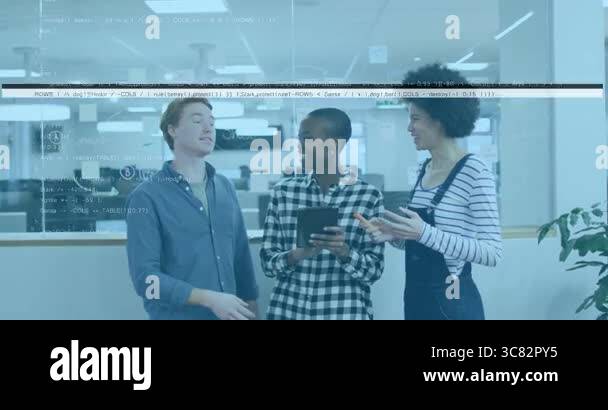 Discussing animation, diverse colleagues in office with digital code on ...