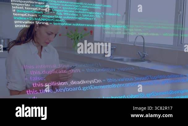 In kitchen, person using smartphone with animation of programming code overlay. Technology ...