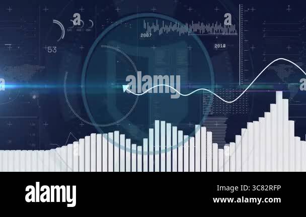Animation showing data visualization with bar graphs and waveforms on ...