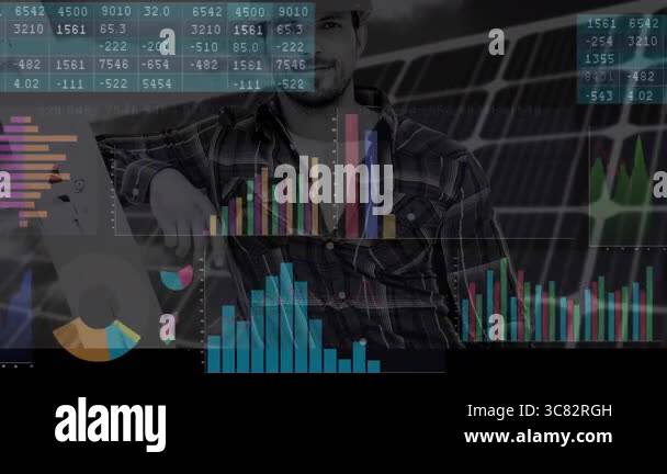 In school, animation of business charts and data overlaying person with ...