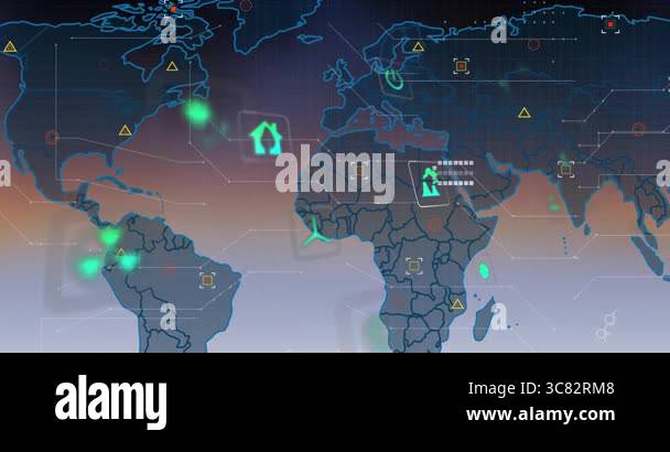 Digital map of Africa with environmental icons and data animations ...