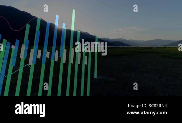 Bar and line graphs animation over scenic mountain landscape at sunset ...